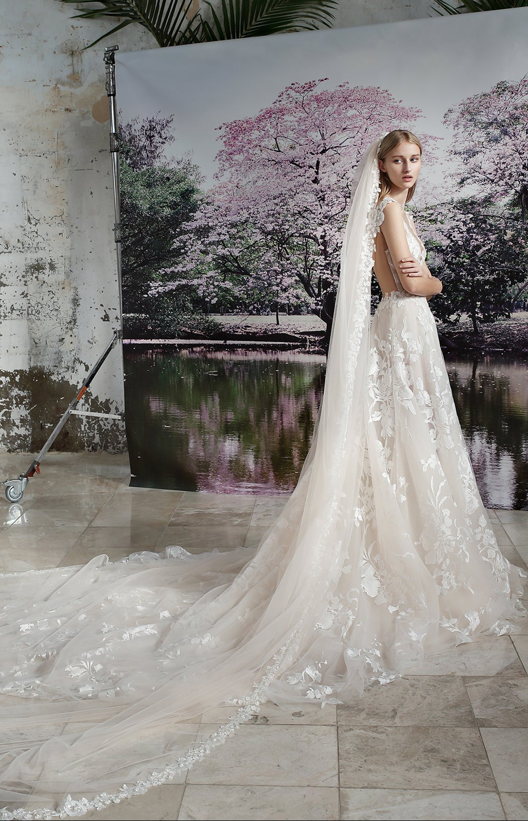 G-214 | Blush Tulle Floral Lace Veil