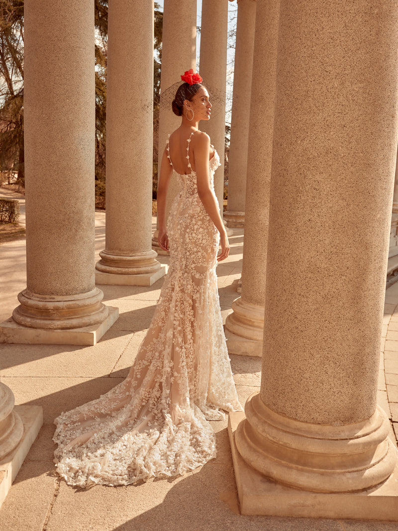 Catalina | Flower Embroiled Spaghetti Strap Mermaid Wedding Dress